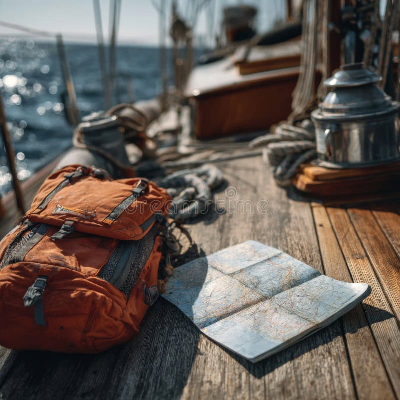 Orange Backpack and Nautical Map on Wooden Sailboat Deck Stock ...