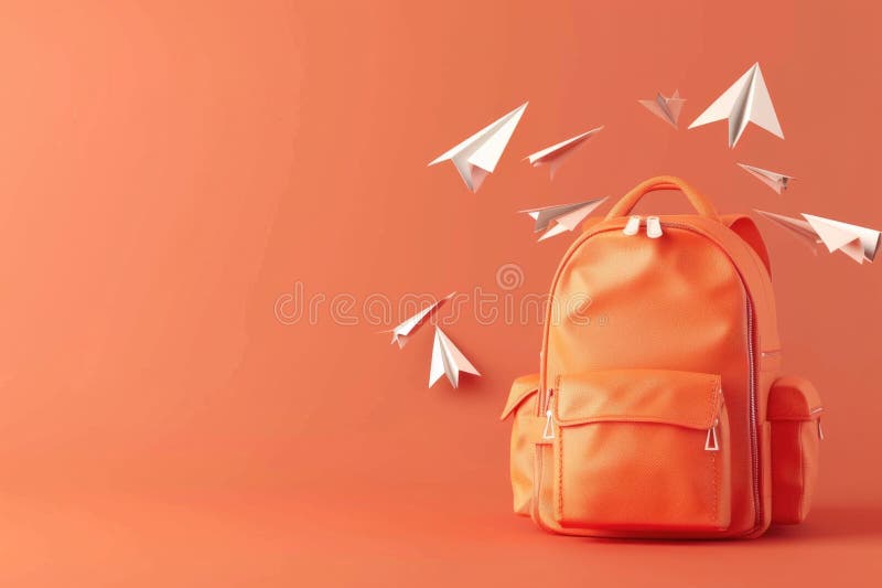 Orange Backpack with Paper Planes on an Orange Backdrop, Representing ...