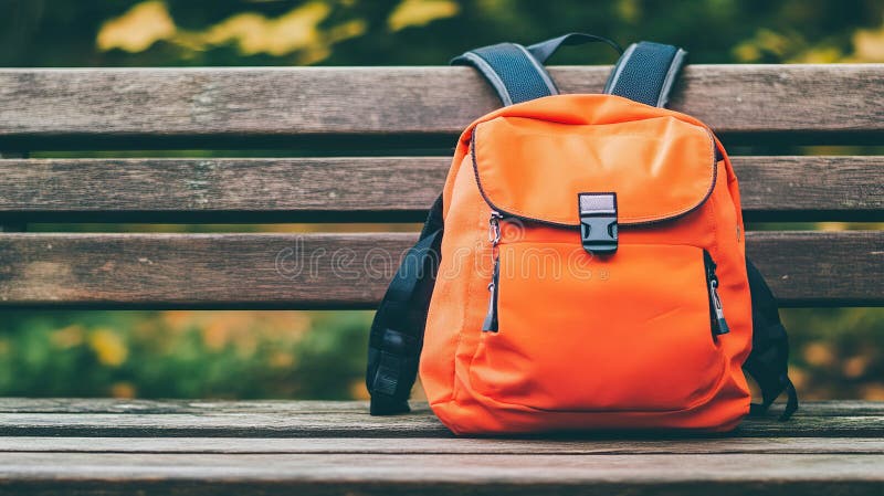 Orange Backpack Rests on Park Bench, Autumn Leaves Stock Illustration - Illustration of ...