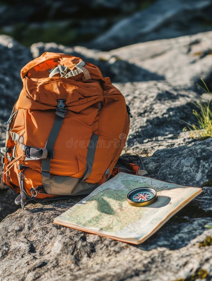 Orange Backpack Rests on Rocks with Map and Compass during a Sunny ...