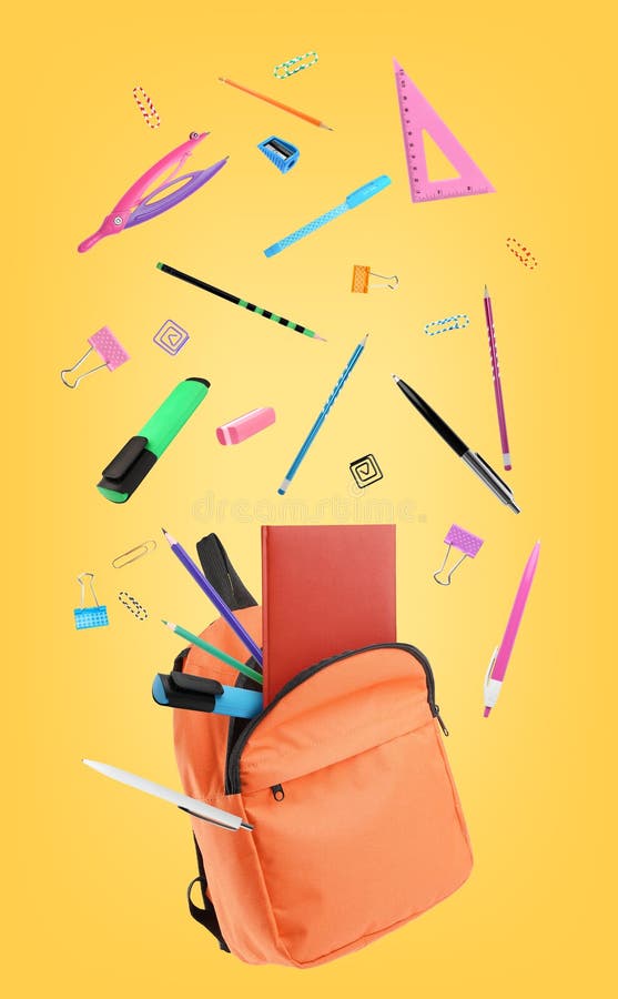 Orange Backpack and School Stationery in Air on Golden Background Stock ...