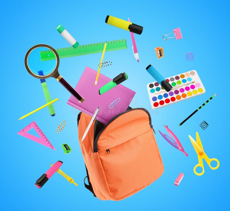 Orange Backpack and School Stationery in Air on Light Blue Background ...