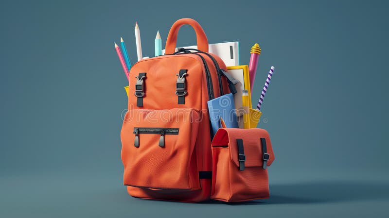 Orange Backpack with School Supplies Stock Illustration - Illustration ...