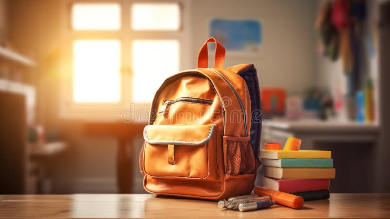Orange Backpack with School Supplies on Table. Back To School Concept ...