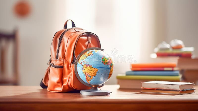 Orange Backpack with School Supplies on Table. Back To School Concept ...