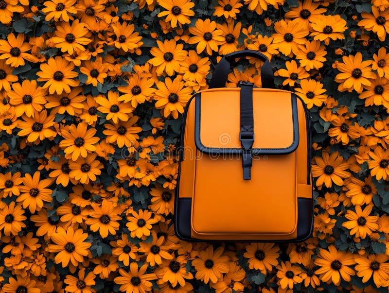 An Orange Backpack Sitting in a Field of Yellow Flowers Stock Photo ...