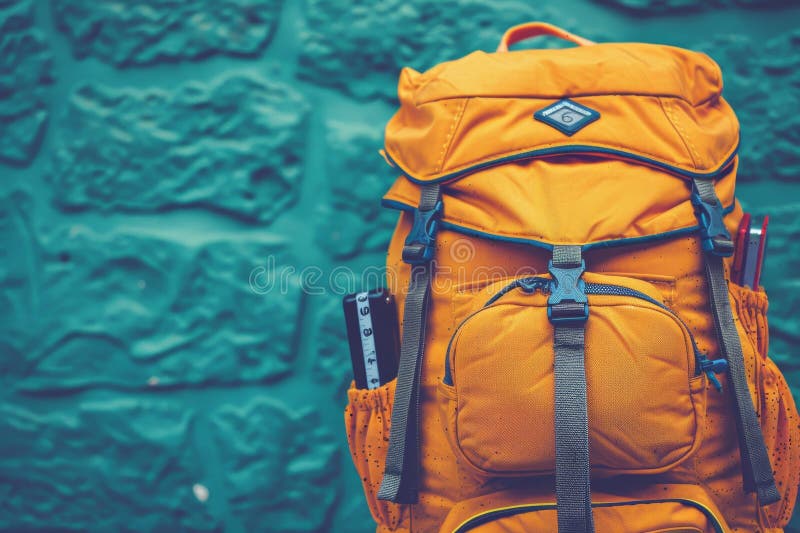 Orange Backpack Isolated on a Blue-green Background. Copy Space. Stock ...