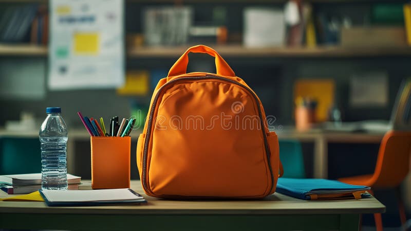 Orange Backpack and Stationery Items on a Desk in a Cozy Study Area ...