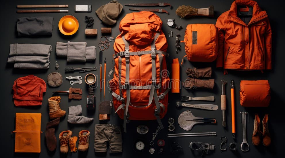 An Orange Backpack Surrounded by Various Items on a Black Surface Stock ...