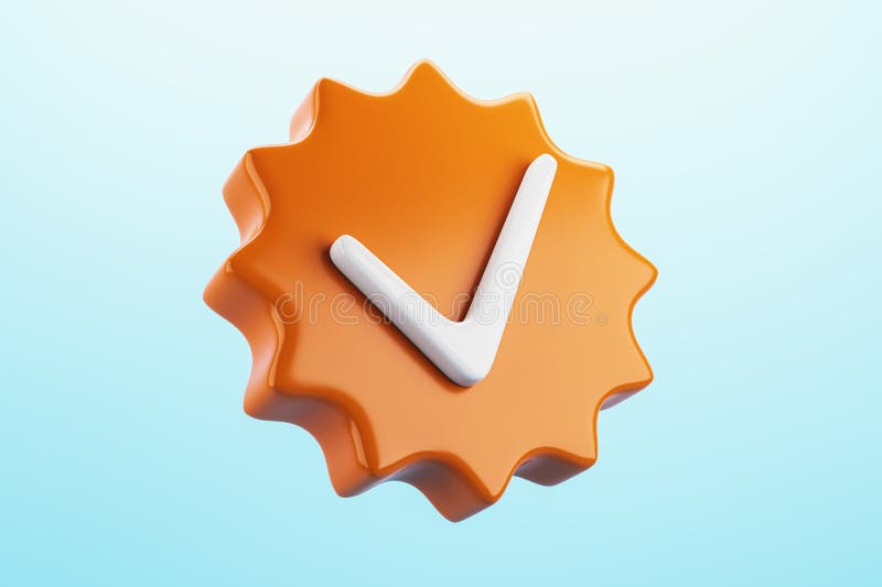 Orange Badge with a White Checkmark on Light Blue Background. 3D ...