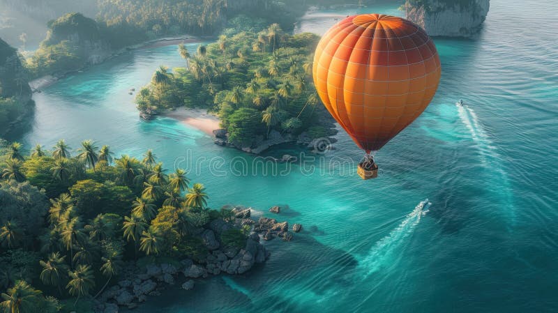 Orange Balloon Over Tropical Coast and Ocean Stock Photo - Image of ...