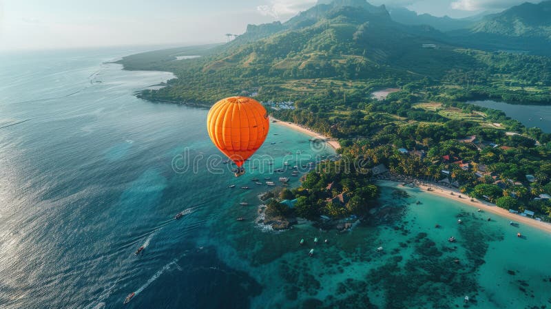 Orange Balloon Over Tropical Coast and Ocean Stock Image - Image of ...