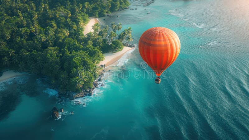 Orange Balloon Over Tropical Coast and Ocean Stock Photo - Image of ...