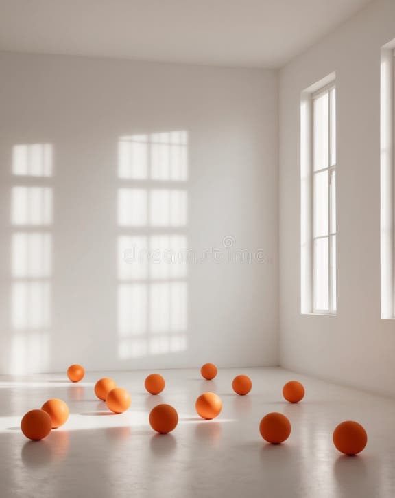 Orange Balls in Empty White Room with Sunshine through Windows. Stock ...