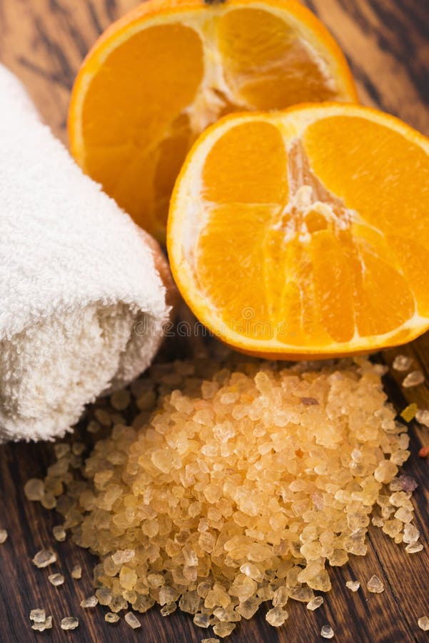 Orange bath salt stock photo. Image of mineral, spoon - 95773398