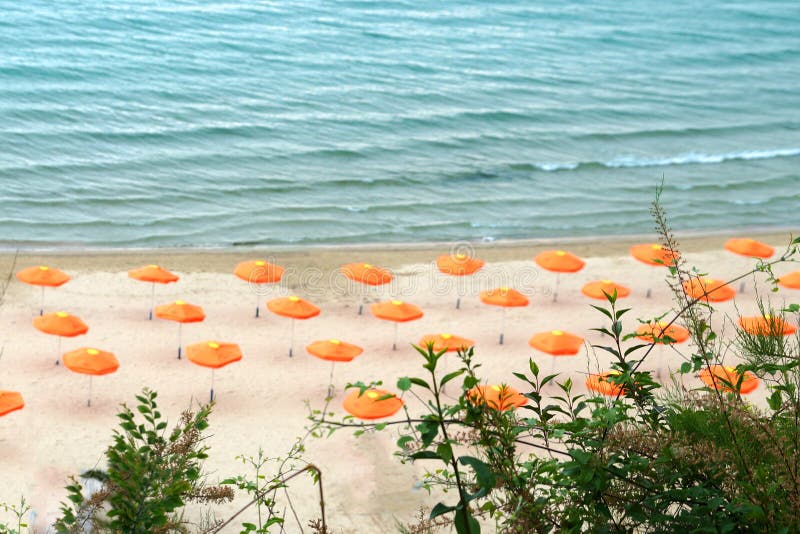 Orange Beach Umbrellas on an Empty Beach on a Background of the Sea ...