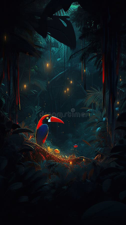 Orange Beak Toucan in a Dark Night Forest with with Red Neon Light ...