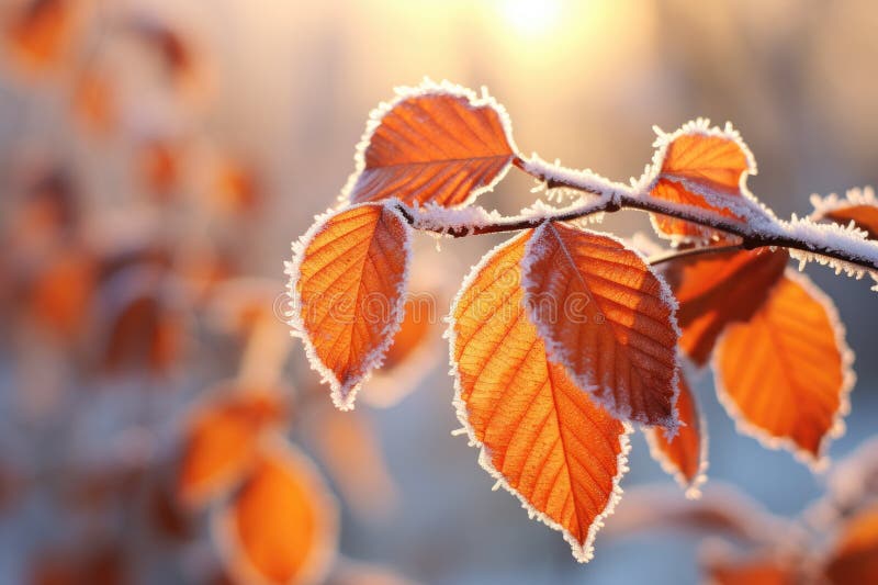 Orange Beech Leaves Covered with Frost in Late Fall or Early Winter ...