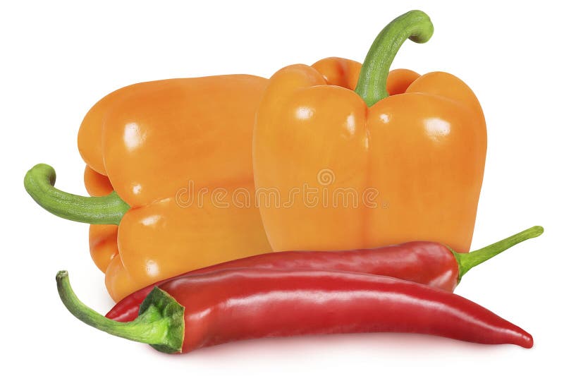 Orange Bell Pepper and Red Chili Peppers on an Isolated White ...
