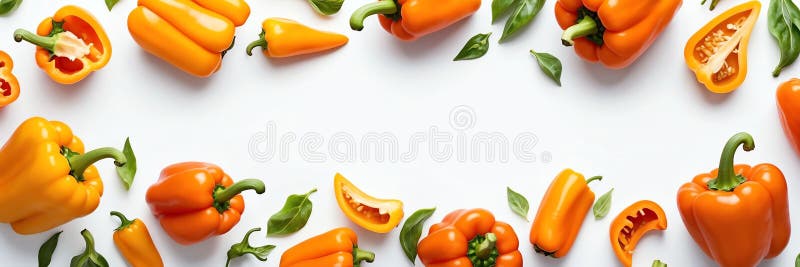 Orange Bell Peppers on Border Side on Plain White Background Copyspace ...