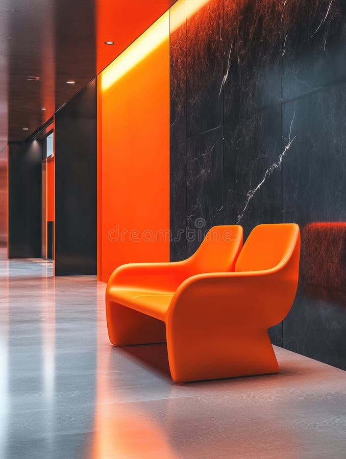 Orange Bench on Black Walls Stock Image - Image of bench, orange: 378841905