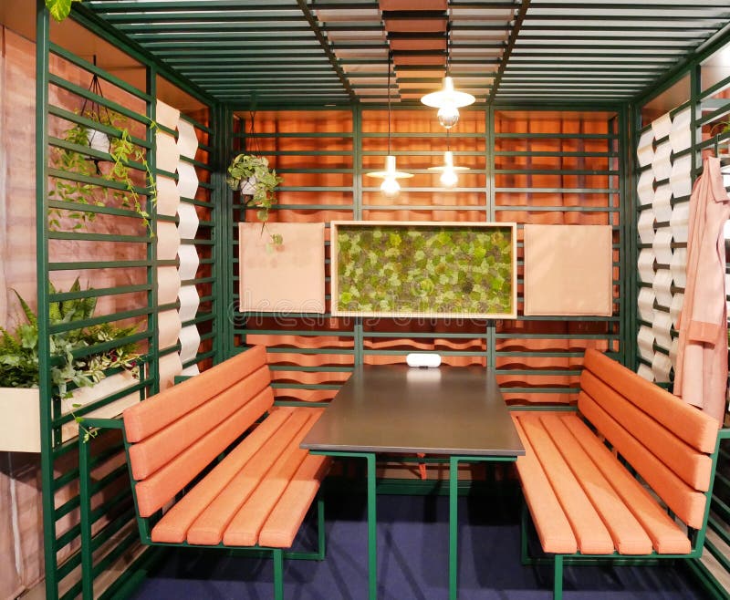 Orange Benches and Table in the Restaurant Stock Photo - Image of ...