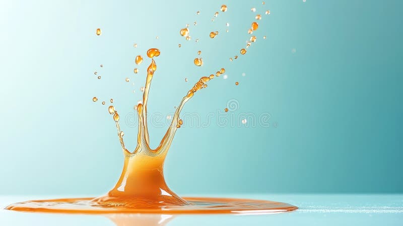 Orange Beverage Liquid Bursts Upward with Droplets on Light Teal ...
