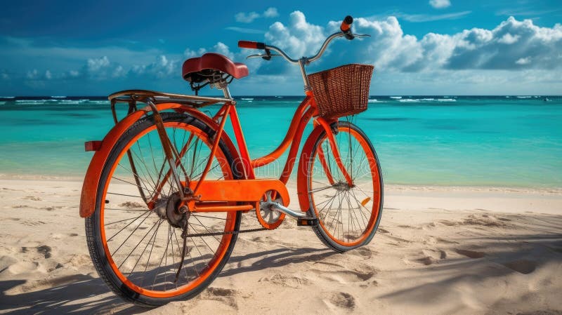 Orange Bicycle on Tropical Beach. Stock Illustration - Illustration of ...