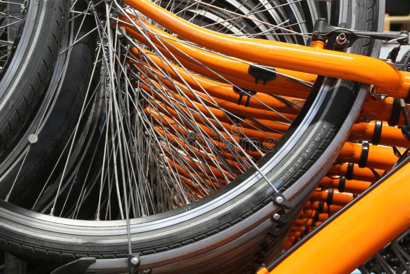 Orange Bicycle Wheels and the Many Spokes of the Wheels Stock Image ...