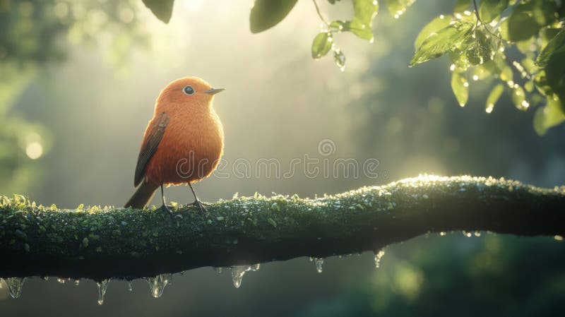 Orange Bird Perched on a Mossy Branch in Sunlight Stock Illustration ...