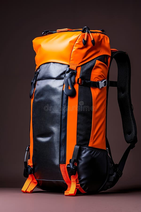 A Backpack with a Black and Orange Backpack Strap on it Stock Image ...