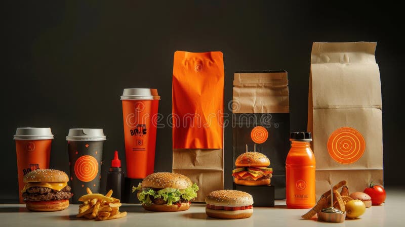 Orange and Black Branded Food Packaging with Burgers and Drinks Stock ...