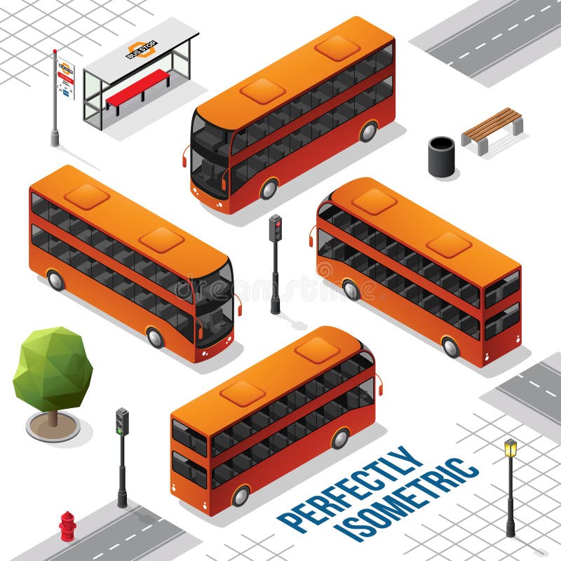 Orange and Black Double Decker Isometric Bus from the Front Back Right ...