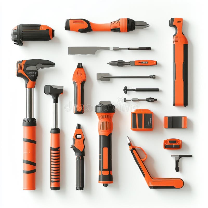 Orange and Black Hand Tools Set Displayed Neatly on White Background ...