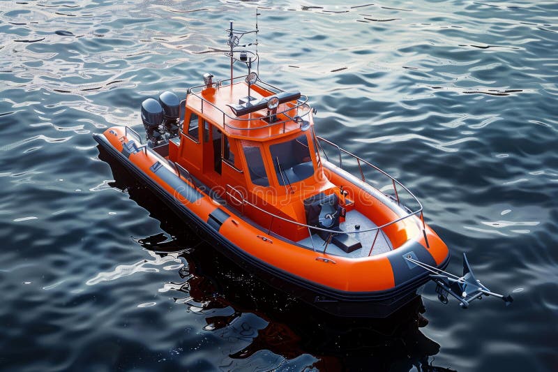 Orange and Black Inflatable Rescue Boat Sailing on the Ocean Stock ...