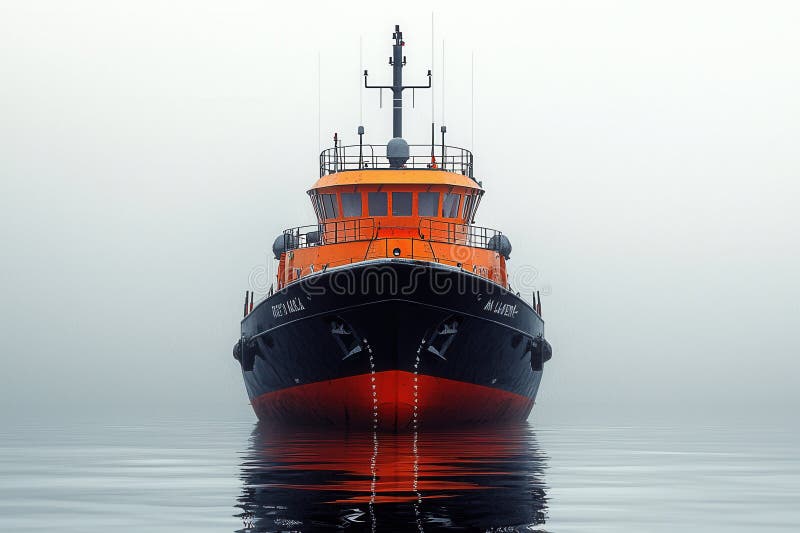 Orange and Black Seagoing Boat on Calm Waters with a Misty Background ...