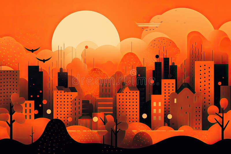 Orange and Black Stylized Sunset and City Illustration. Generative AI ...