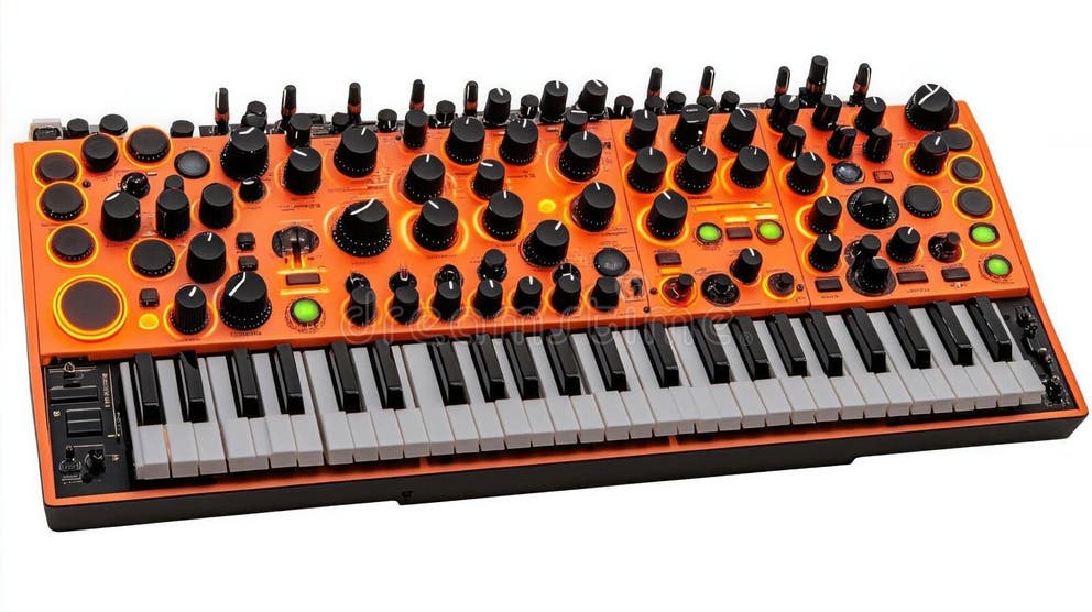 Orange and Black Synthesizer Keyboard with Numerous Knobs and Buttons ...