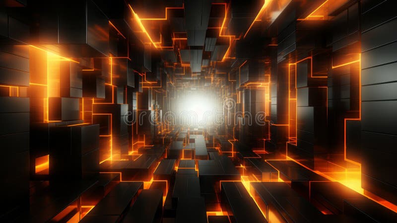 An Orange and Black Tunnel with Glowing Lights Stock Illustration ...