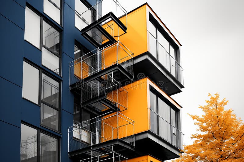 An Orange and Blue Apartment Building with a Fire Escape Stock ...
