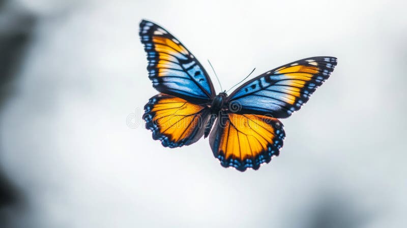 Orange and Blue Butterfly in Flight Against White Background Stock ...