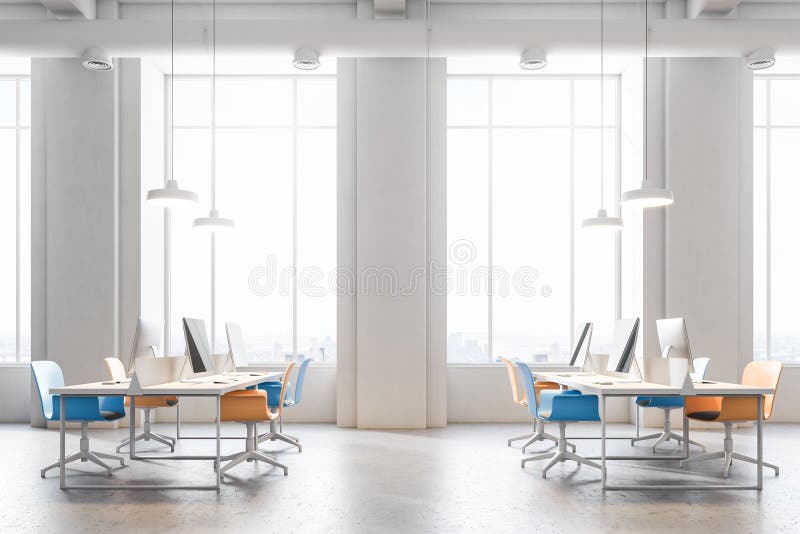 Orange and Blue Chairs Office Interior Side View Stock Image - Image of ...