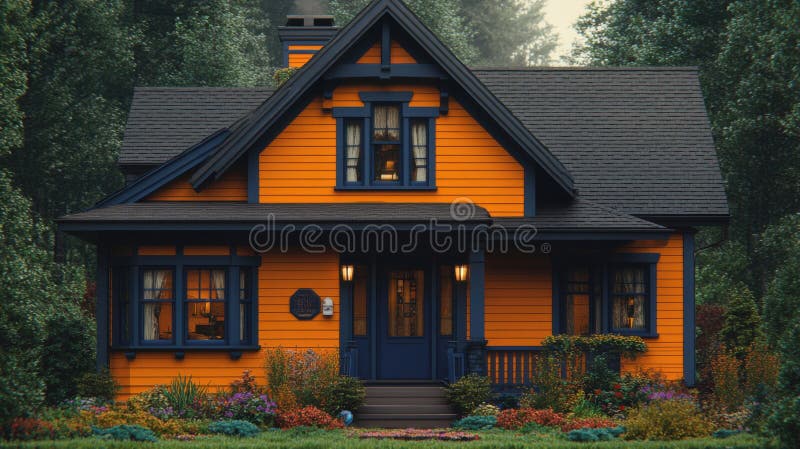 Orange and Blue Cozy Cottage House with Garden in Front Stock Image ...