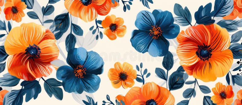Orange and Blue Floral Pattern on White Background Stock Image - Image ...