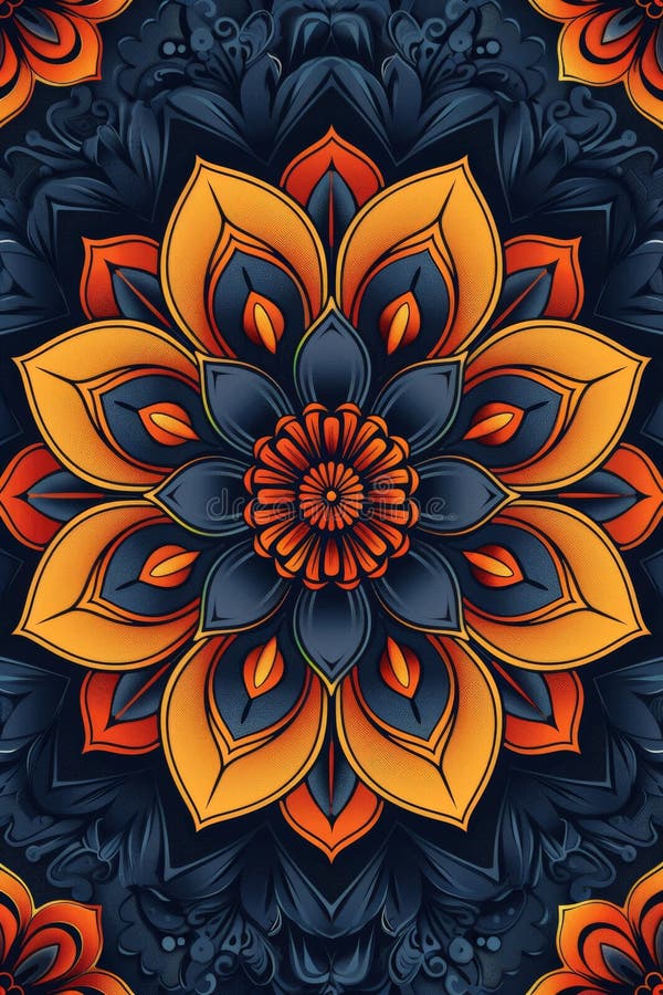 Orange and Blue Flower Pattern on Dark Background Stock Illustration ...