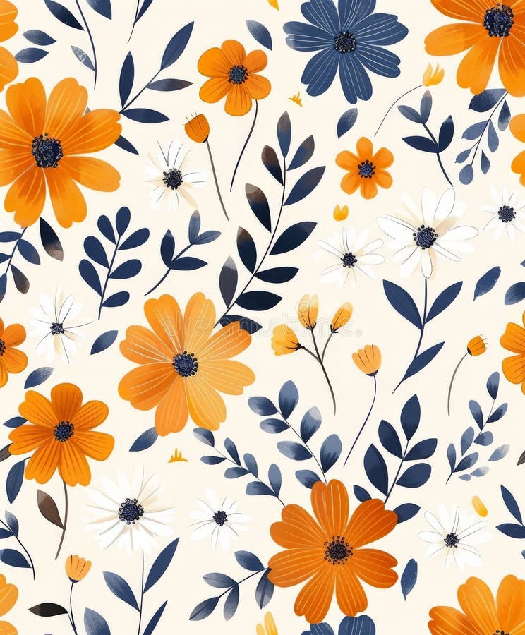 Orange and Blue Flower Pattern on White Background Stock Illustration ...