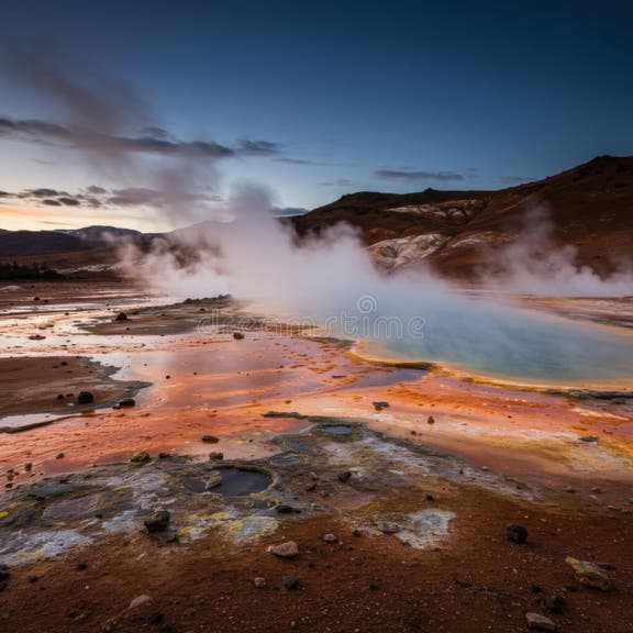 Orange and Blue Geothermal Hot Spring at Sunset Stock Illustration ...