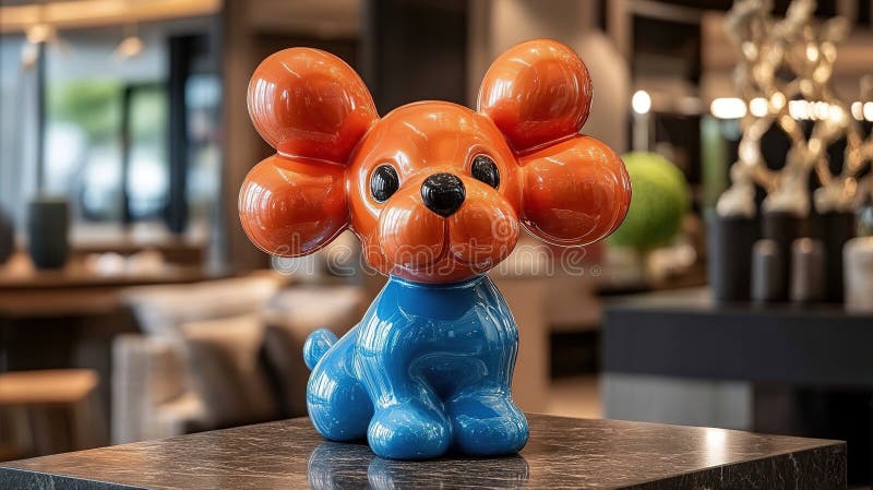 Orange and Blue Glossy Ceramic Dog Sculpture on a Dark Marble Surface ...