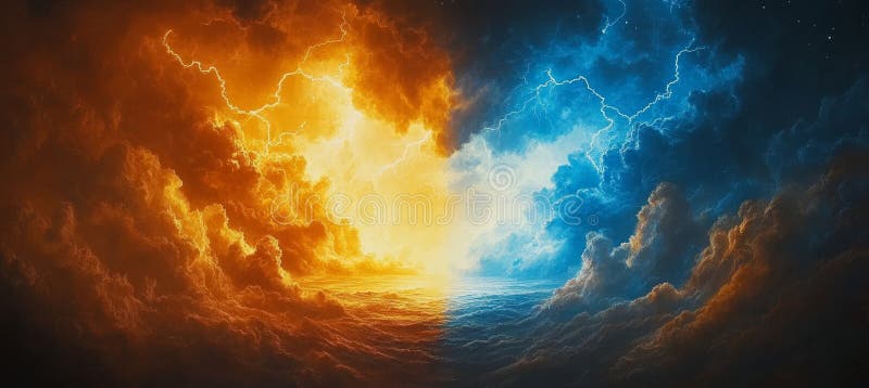 Orange and Blue Lightning Storm Clash, Dramatic Sky with Vibrant Colors ...