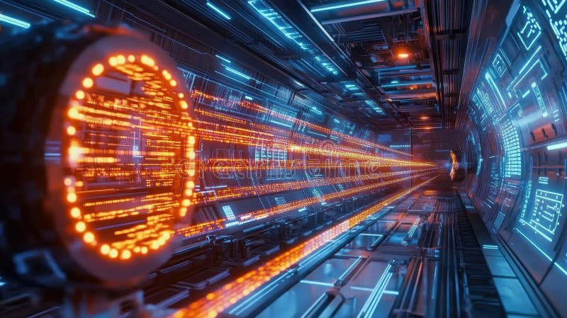 Futuristic Server Room with Orange and Blue Lights Processing Data ...
